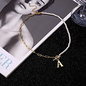 Dainty Initial Pearl Necklace for Women, 14K Gold Plated Paperclip Link Chain Necklace Toggle Clasp Necklace Initial Necklaces Gold Jewelry for Women Letter M