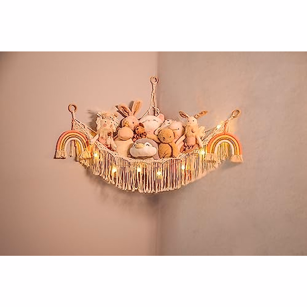 Luna Village Stuffed Animal Hammock, Stuffed Animal Organizer, Plush Toys Net Holder with 2 Macrame rainbows Macrame Toy Hammock, Stuffed Animal Net or Hammock, Stuffed animal net