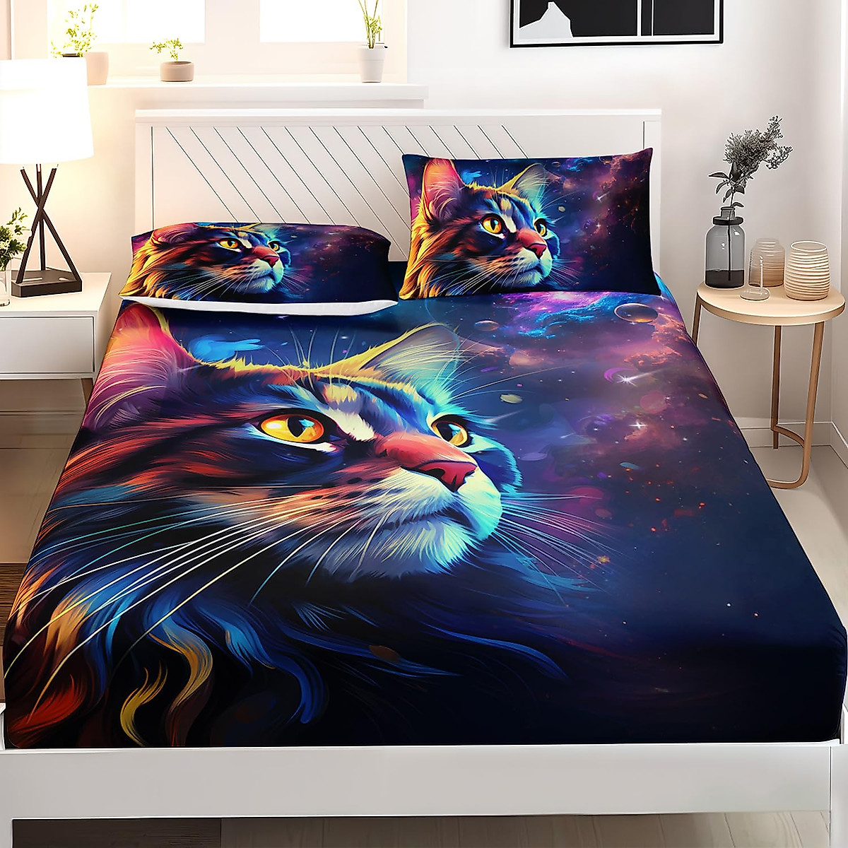 AILONEN Lovely Cat Fitted Sheet Set for Kids Twin XL Size,Galaxy Bedding Set for Boys Girls Teens Room Decor,3 Pieces Cat Bed Sheet Set,1 Fitted Sheet and 2 Pillowcases