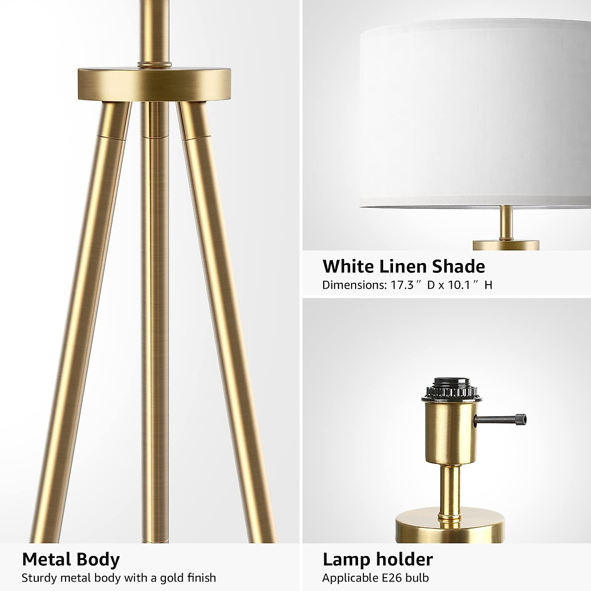 Alldio Tripod Floor Lamps for Living Room, Modern Standing Lamp with Drum Shade, Simple Industrial Tall Lamp, 9W LED Bulb Included - Brass
