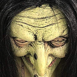 Old Woman Witch Mask Green Face Halloween Creepy Scary Horror Cosplay Costume 2022 with 100% Natural Latex Stretch 2 Times Refined Eyes