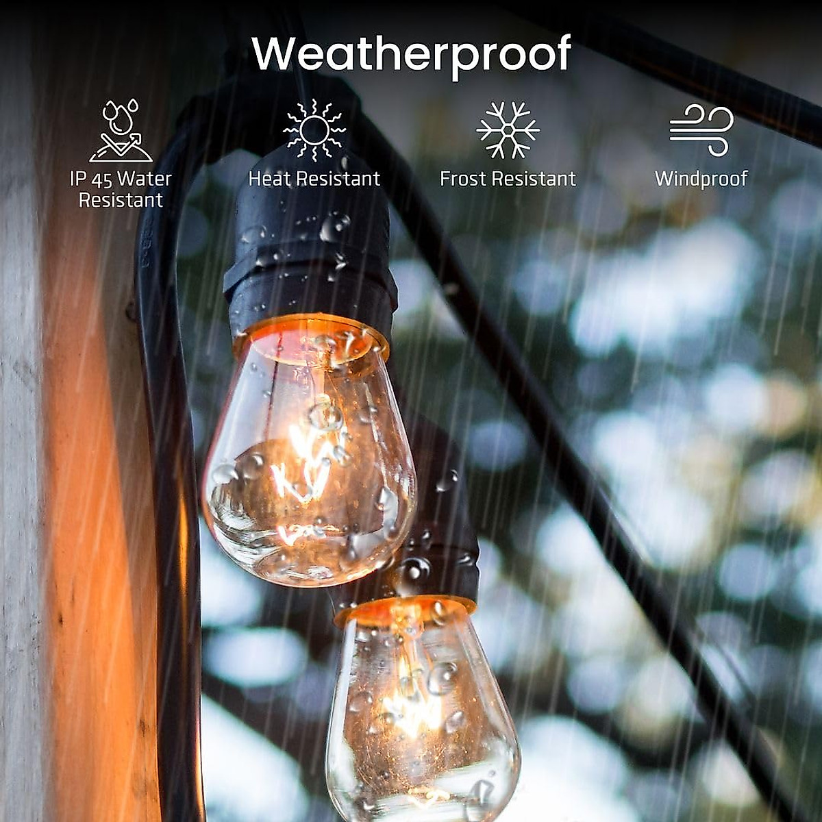 ClearMax 48 Feet Outdoor String Lights with 15 Hanging E26 Bulbs for Porch, Balcony, Backyard, Garden, or Patio Decor, Indoor Decorative Light for Cafe or Bistro Outdoor Lights, Patio Lights, Black