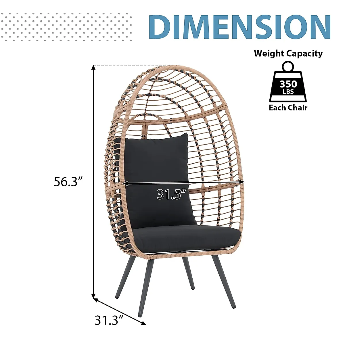 JOIVI Wicker Egg Chair, Oversized Indoor Outdoor Lounger Large Egg Basket Chair with Stand and Cushions for Patio Porch, Backyard, Living Room, Balcony (Beige Rattan, Black Cushion)
