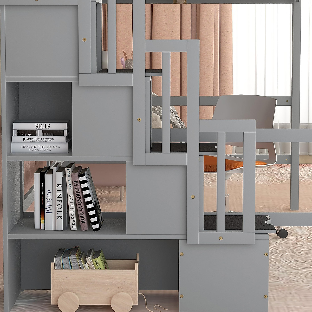 Bellemave Full Size Loft Bed with Desk and Storage Shelves,Wood Loft Bed Frame with Storage Staircase,High Loft Bed Full for Kids,Teens, Adults,Grey