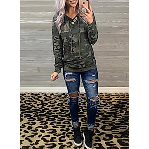 Dokotoo Ladies's Casual Camo Hoodies Long Sleeve Sweatshirt Drawstring V-Neck Pullover Loose Tops Shirts with Kangroo Pocket 2024 Fashion Fall Hooded Sweatshirt Green Large