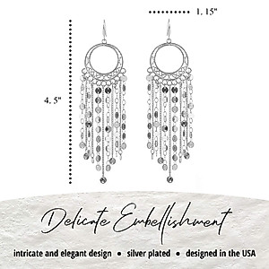 Bohemian Boho Tassel Dangle Drop Earrings for Women – Lightweight Filigree Gypsy Coin Chandelier Disc Charm Hoops – included Gift Box (Round - Silver)