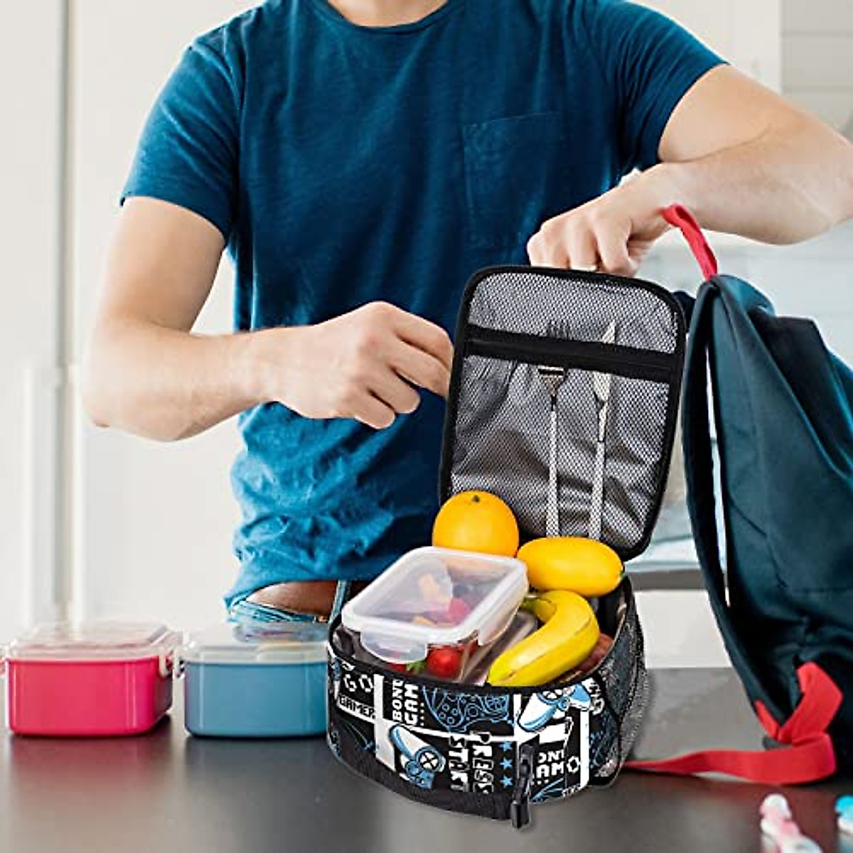 ProLeiBao Insulated Lunch Box Boys Portable Game Lunch Bag Blue Waterproof Lunchbox with Detachable Handle for School Travel Picnic Hiking Beach (Game)