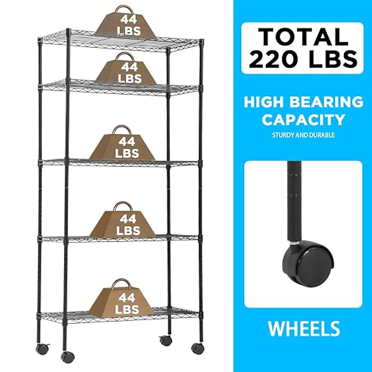 24/7 Shop at Home Rex Industrial 5 Tier Wire Shelving Rack with Wheels, Adjustable Shelves and NSF Certified, Metal Storage Shelves for Kitchen, Office, Garage, Basement, Laundry Room, Black
