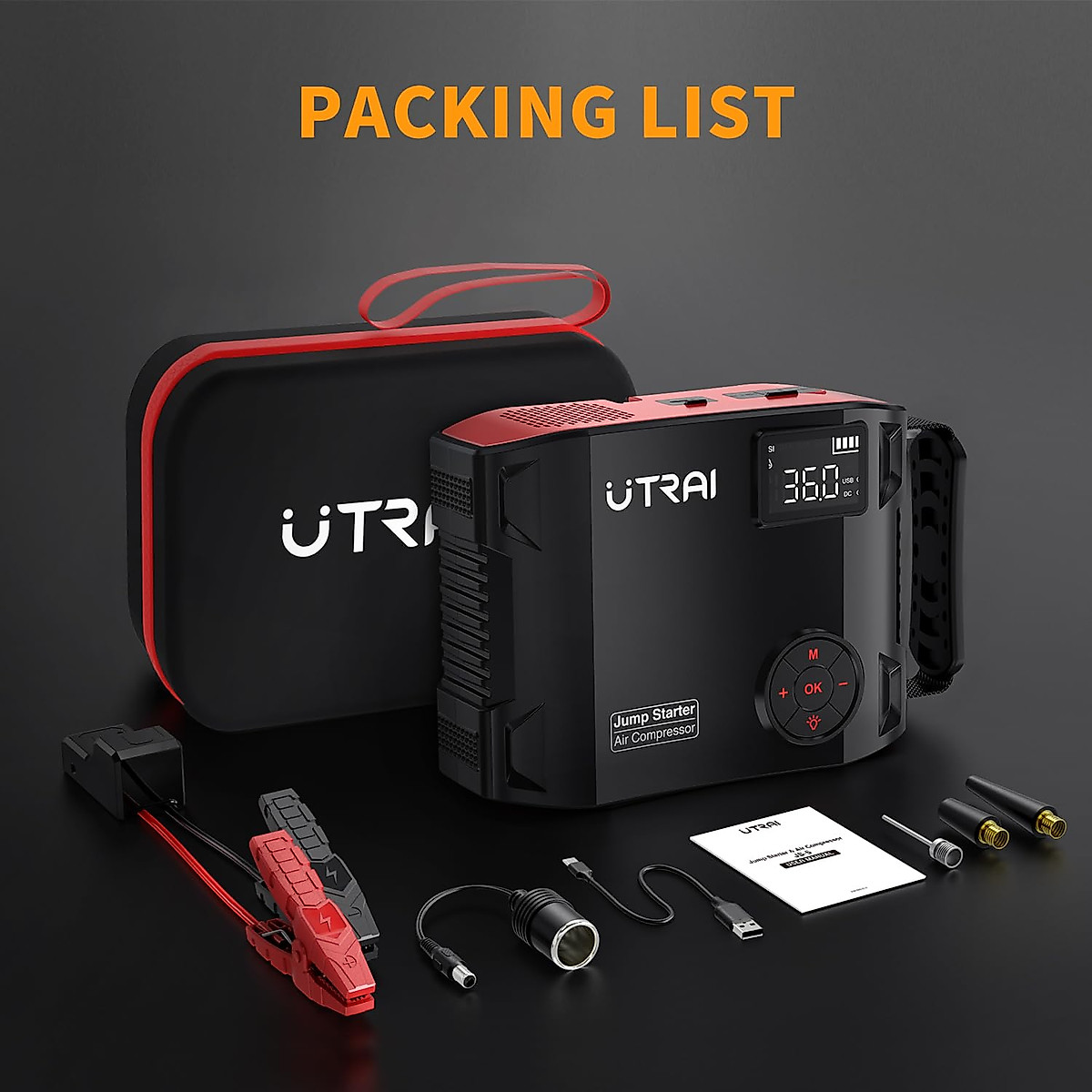 Car Jump Starter with Air Compressor, UTRAI Portable Car Battery Jump Starter 5000A Peak 12V Car Battery up to Jump Box All Gas/ 8.0L Diesel with Tire Inflator, DC 160W Jump Start Battery Pack