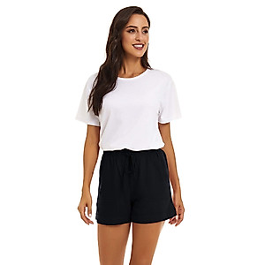 KINGFEN Womens Shorts Pull On Lounge Black Shorts for Women Casual Summer Beach Comfy Elastic Waist Drawstring Cotton Linen Short with Pockets Black X-Large