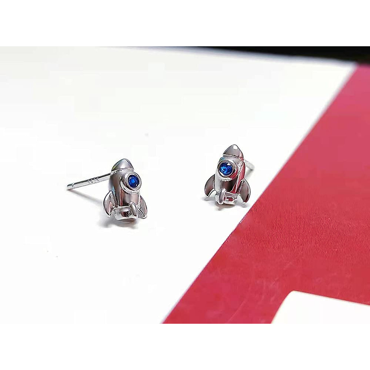 Cute Rocket Stud Earrings for Women Teen Girls 925 Sterling Silver Blue Cubic Zirconia Tiny Small Spaceship Earring Cartilage Tragus Post Pin Studs Hypoallergenic Earring Unique Birthday Gift for Daughter Niece