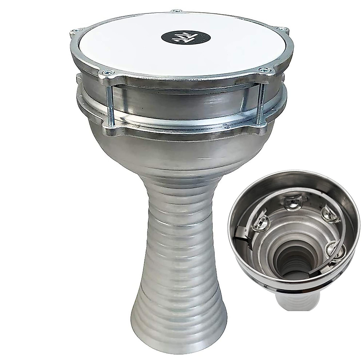 ZAZA Percussion 16'' Length Aluminum Darbuka, 8" Tunable Synthetic Head and Internal Jingles Doumbek (Silver)