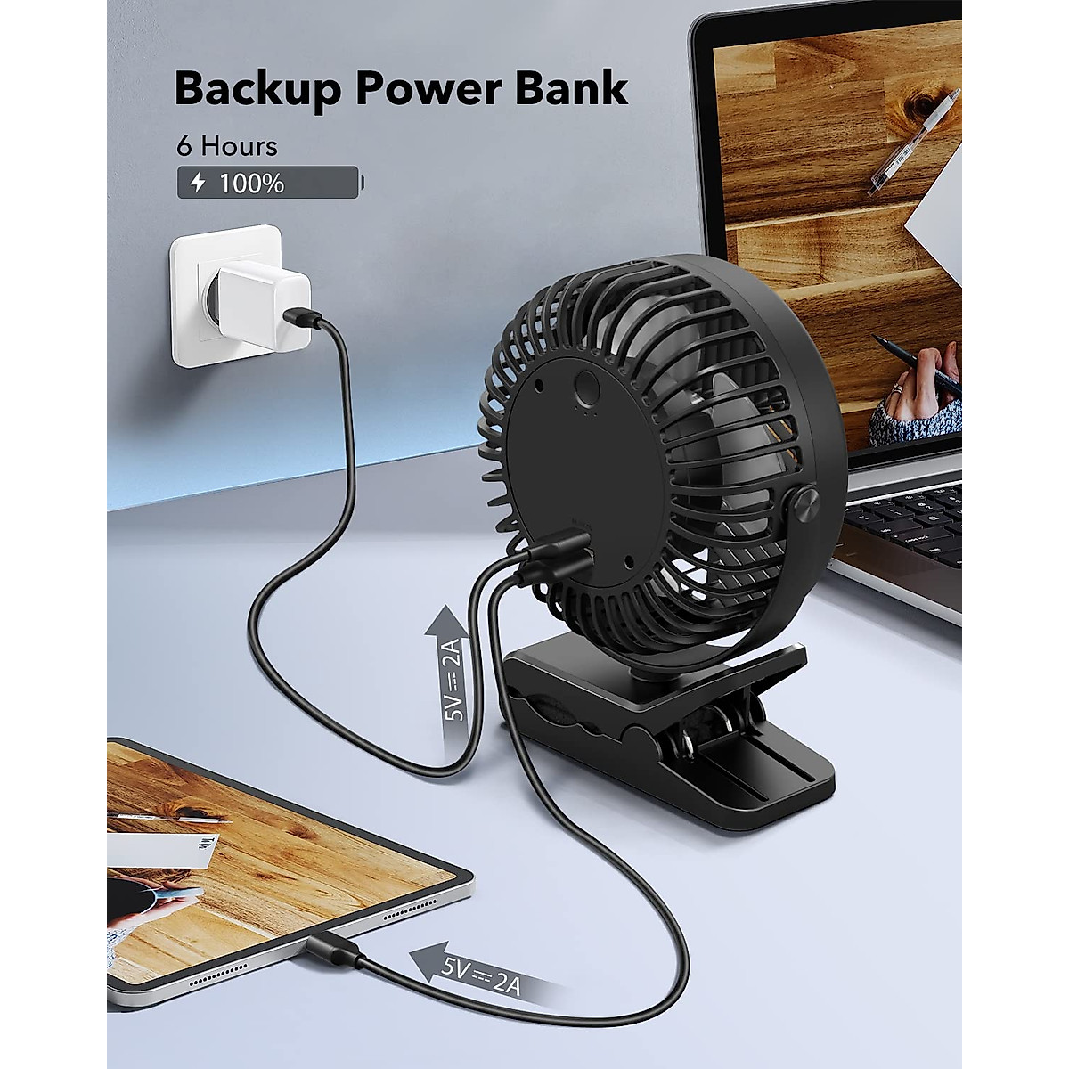 GEHEN Portable 3-Speed Clip-on Fan with Sturdy Clamp 10000mAh Battery-Powered Clip Fan Rechargeable Ultra-Quiet for Bedroom Office Camping & Stroller