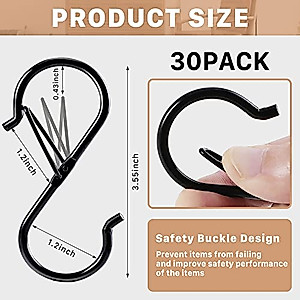 30 Pack S Hooks for Hanging,S Hooks with Safety Buckle,Heavy Duty S Shaped Hooks,3.55 inch Rustproof S Hanging Hooks,Black S Hooks for Hanging Plants Kitchen Utensil Pots Pans Bathroom Closet Garden