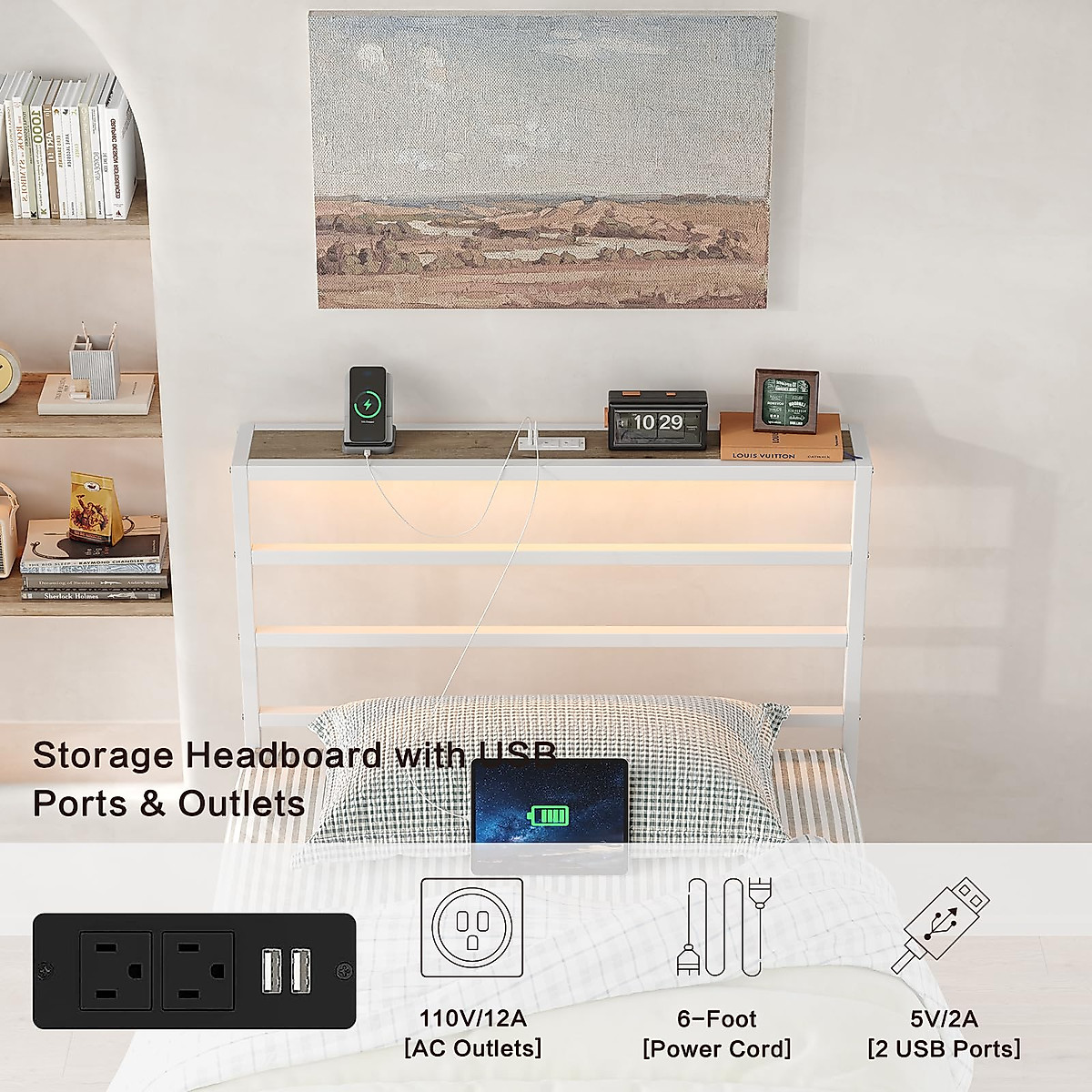 CollaredEagle Twin Size Bed Frame with Headboard, Metal Platform Bed Frame with Charging Station, Heavy Duty Platform Bed Frame with LED, Easy Assembly, White