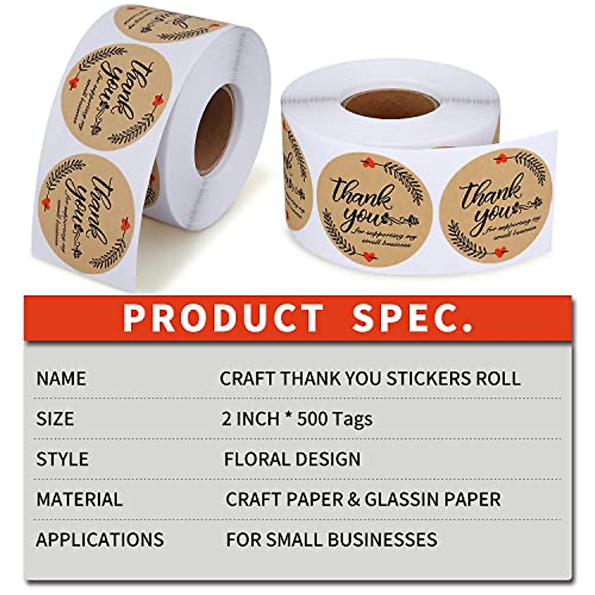 Poxoke Thank You Stickers Small Business Roll 2 Inch 500Count Craft Floral Designed