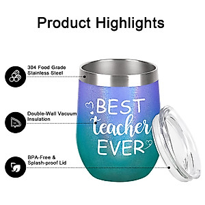 Qtencas Teacher Gifts, Best Teacher Ever Tumbler with Lid, Thank You Appreciation Gifts for Teacher Women on Birthday Christmas, 12 Oz Insulated Stainless Steel Wine Tumbler, Glitter