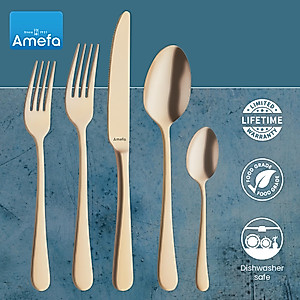 Amefa Austin 20-piece Premium 18/0 Stainless Steel Flatware Set, Satin Golden Finish, Silverware Set Service for 4, Dishwasher Safe, Rust Resistant Cutlery (Gold)
