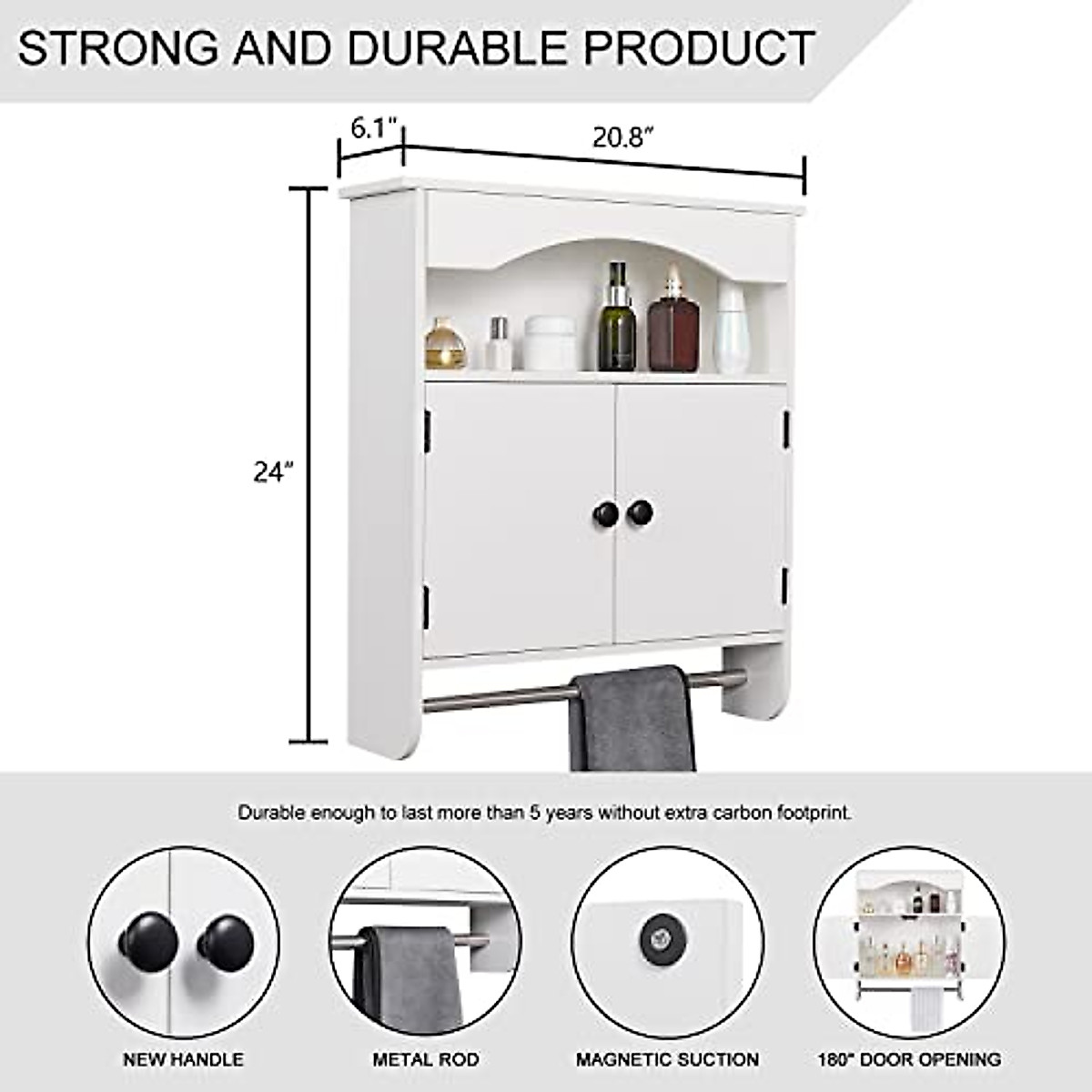 GREATMEET Wood Bathroom Cabinet with Towels Bar and 2 Shelves, Wood Towel Cabinet with 2 Doors, Medicine Wall Mounted Cabinets for Bathroom, Laundry Room, Kitchen, White