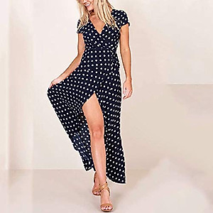 XIMIN Women's Fashion Casual Short Sleeve V-Neck Low Cut Printed Polka Dot Dress Beach Maxi Dress (Navy, Size:L)