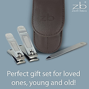 Nail Clippers by Zizzili Basics - 3 Piece Nail Clipper Set - Stainless Steel Fingernail & Toenail Clippers with Nail File and Brown Travel Case - Best Nail Care for Men, Women, Manicure & Pedicure