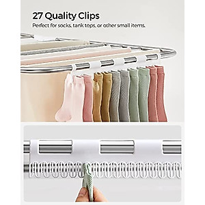 SONGMICS Clothes Drying Rack, with Sock Clips, Metal Laundry Rack, Foldable, Space-Saving, Free-Standing Airer, with Height-Adjustable Gullwings, Indoor Outdoor Use, Silver and White ULLR052W01