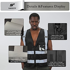 sesafety Reflective Safety Vest with Pockets and Zipper, High Visibility Construction Vest, Hi Vis Vest, ANSI Class 2, Yellow, 2XL