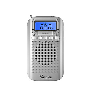 Vondior Digital AM FM Portable Pocket Radio with Alarm Clock- Best Reception and Longest Lasting. AM FM Compact Radio Player Operated by 2 AAA Battery, Stereo Headphone Socket (Silver)