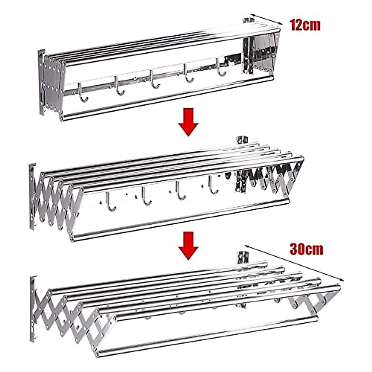 XMCX Clothes Drying Rack Wall Mounted Folding Collapsible Stainless Airer Laundry Dryer Hanger with Towel Hooks for Bedroom Bathroom Space Saver Rail Easy Storage (Size : 50cm)