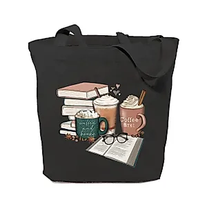 GXVUIS Coffee And Books Canvas Tote Bag for Women Aesthetic Hand Drawn Graphic Reusable Grocery Shoulder Shopping Bags Black