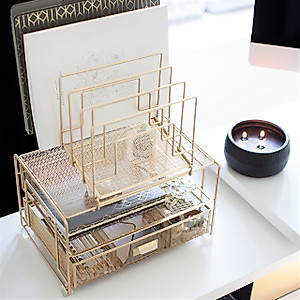 BLU MONACO Workspace Gold Desk Organizer and Accessories Desktop Rack with File sorters and Drawer for Office Supplies, Paper, Device and Folder