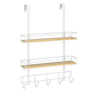 Navaris Over The Door Organizer - Metal and Bamboo Hanging Storage Rack with 2 Shelves and 5 Hooks - Shelf Hanger for Pantry, Bathroom, Closet - White