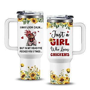 NIAXAUYT Chicken Gifts for Women - Chicken Tumbler Cup 40 oz - Funny Gifts for Chickens Lovers/Mom/Lady - Just a Girl Who Loves Chickens Themed Stainless Steel Mug, Sunflower