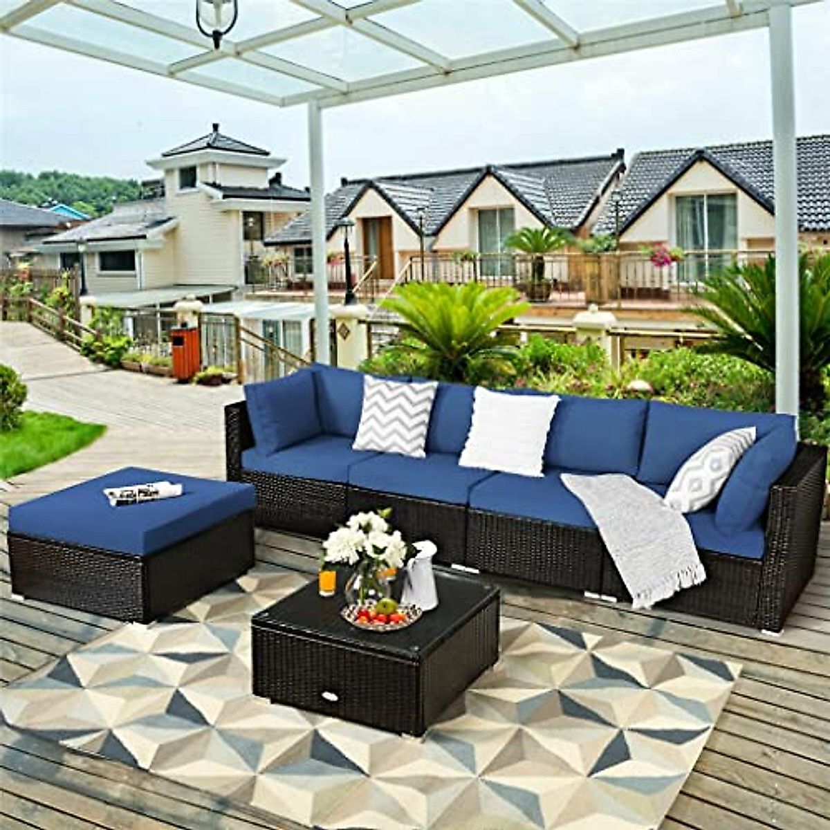 NICEDAYFY 6PCS Outdoor Patio Rattan Furniture Set Cushioned Sectional Sofa Navy for Your Garden, Balcony and Poolside