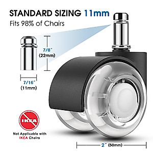 MaxGear 2" Office Chair Wheels Heavy Duty Replacement, Mute Rubber Rotating Desk Chair Wheels, for All Floors Including Hardwood and Carpet, Universal Standard Stem Size, Fits 98%, Set of 5