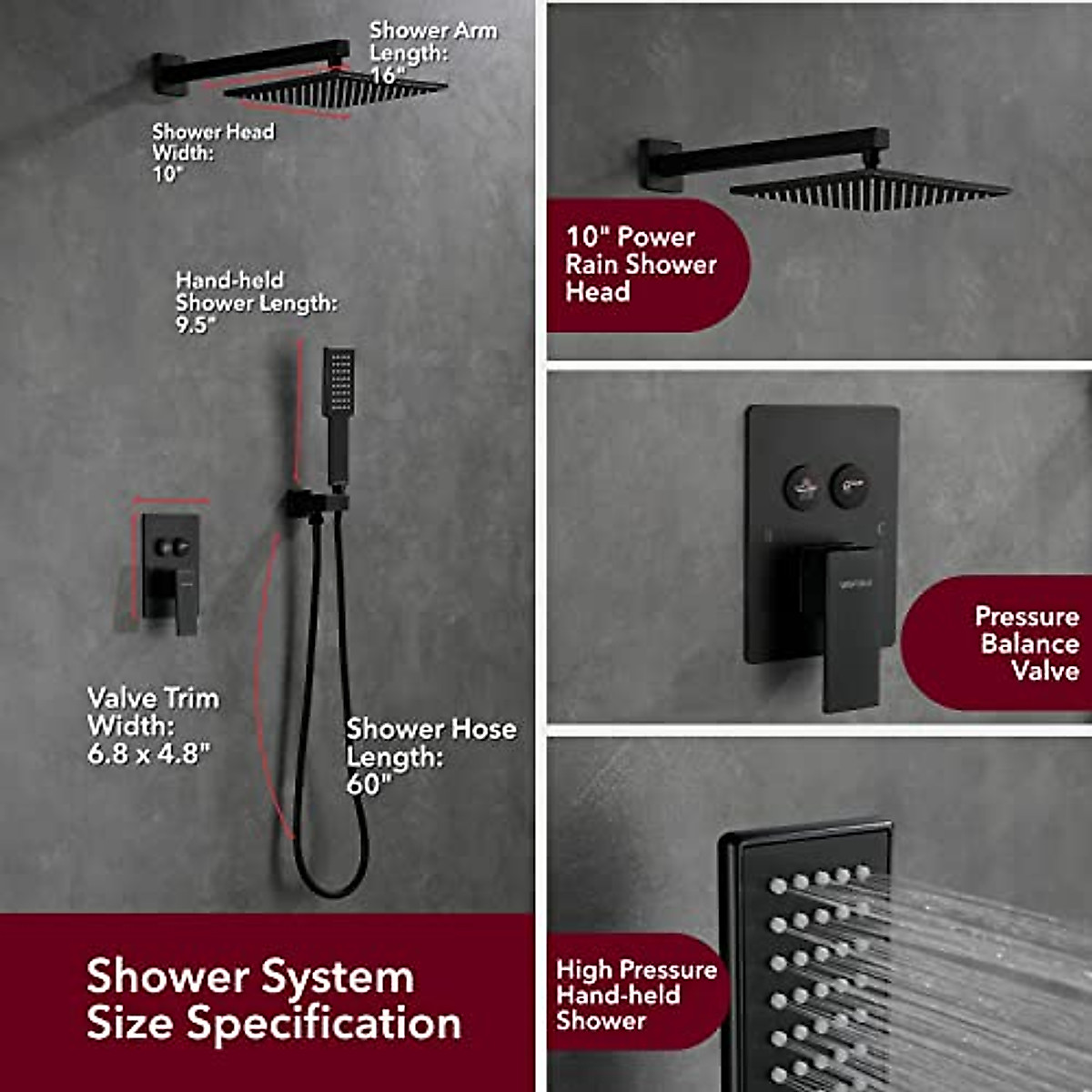 VANFOXLE Shower Faucets Sets Complete Matte Black Shower System with 10 inches Rainfall Shower Head, Push-Button Shower Faucet Fixture Combo Set Wall Mounted
