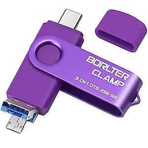 256GB 3 in 1 USB 3.0 Flash Drive Photo Stick for Android Phones, BorlterClamp OTG Memory Stick with 3 USB Ports (USB C, microUSB, USB A) for Samsung Galaxy, LG, Tablets, PC and More, Purple