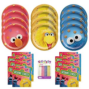 Sesame Street Party Supplies Pack Serves 16 Guest: Assorted 7" Plates and Beverage Napkins - Includes Birthday Candles (Bundle for 16)