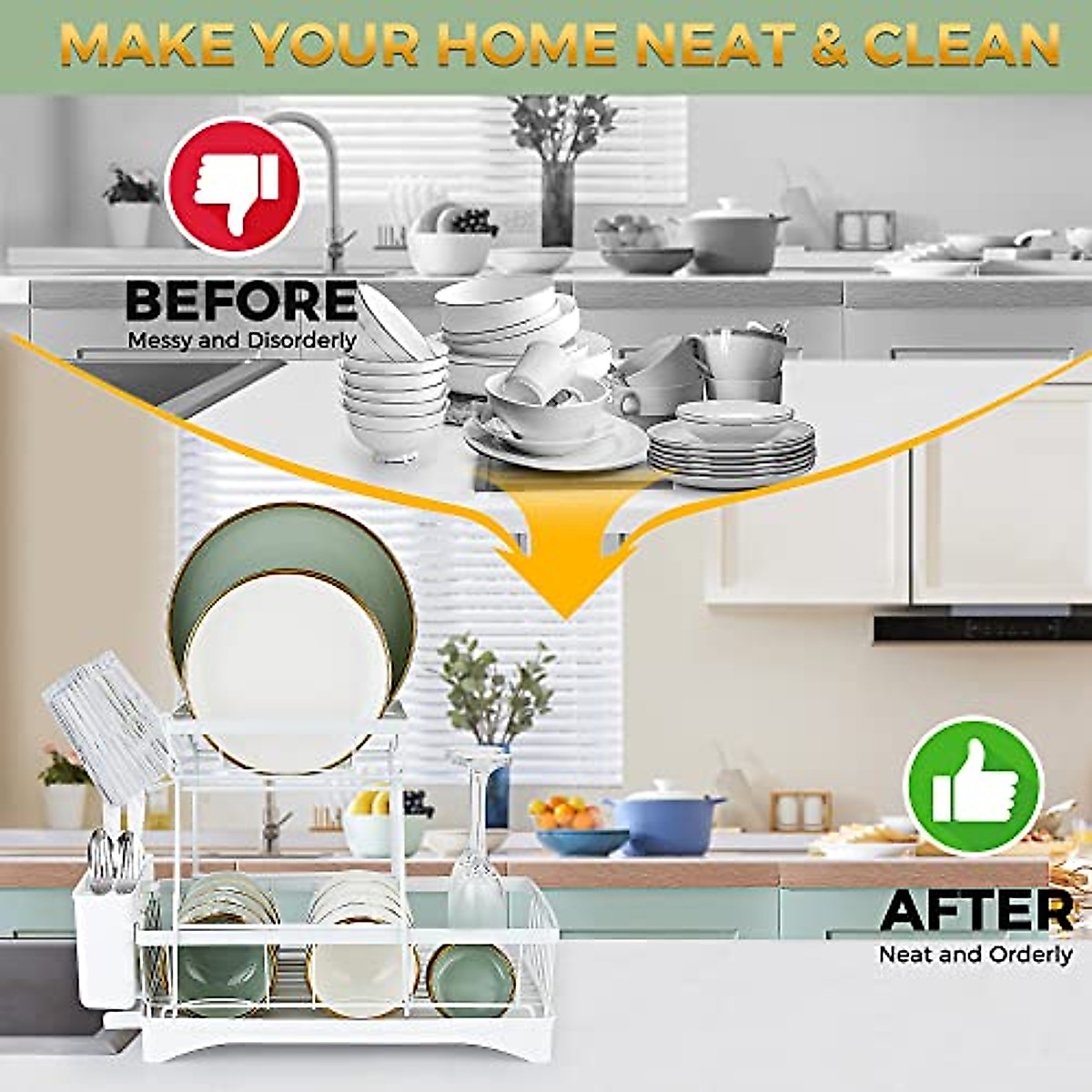 Dish Drying Rack for Kitchen Counter, 2-Tier Dish Racks with Drainboard, Large Capacity Dish Drainer Organizer Shelf with Utensil Holder, Wine Glass Holder（White）