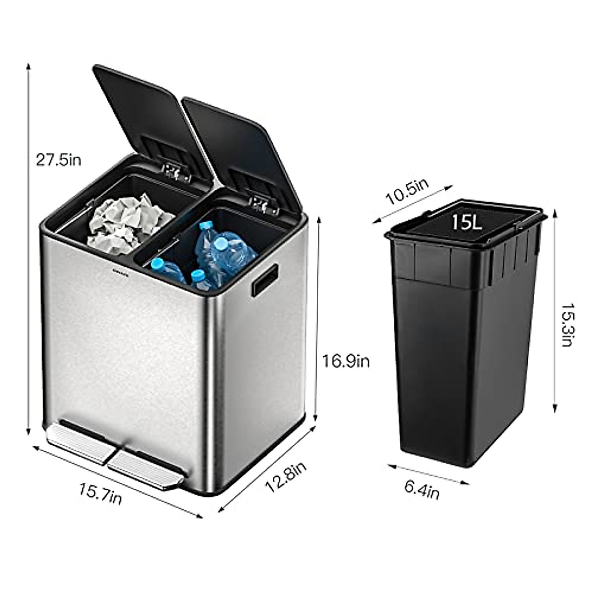 ANVAVA Trash Can, 30 Liter(2x15 Liter) Dual Step Trash Can Stainless Steel Dual Compartment Recycling Kitchen Step Trash Can with Removable Inner Bucket and Soft Close Lid Rubbish Bin (30 Liter)
