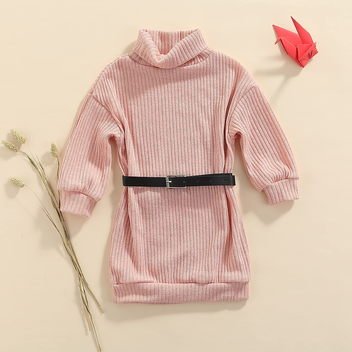 GOOCHEER Little Toddler Baby Girl Outfits Turtleneck Knit Sweater Dress Kids Solid Ribbed Long Sleeve Dresses +Belt Fall Clothes (A-Pink, 6-7 Years)
