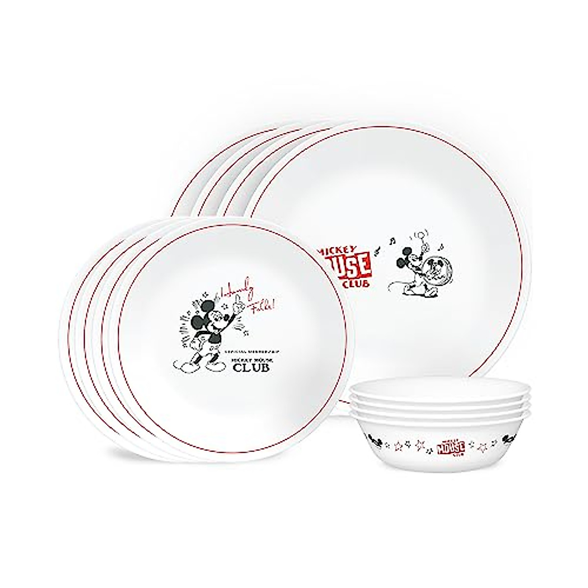 Corelle Vitrelle Micky-Mouse 12-PC Glass Dinnerware Set (Service for 4), 10.5" Dinner Plates, 8.5" Salad Plates, 16-Oz Soup Cereal Bowls-Disney Commemorative Series
