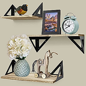 Greenco Wall Mounted Floating Shelves, Set of 3 Decorative Rustic Selves with Triangle Metal Brackets