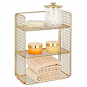 mDesign Metal Wire 3-Tier Hanging Shelf for Bathroom Storage - Wall Mounted Decorative Shelves - Floating Metal Bathroom Shelf Basket - Bathroom Wall Shelving - Concerto Collection - Soft Brass