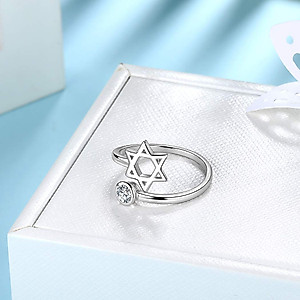 Star of David Ring Adjustable Women Men 925 Sterling Silver Magen David Star Round Zircon Solitaire Ring Judaic Star Of David Jewelry Gift for Mom Wife FR0020W