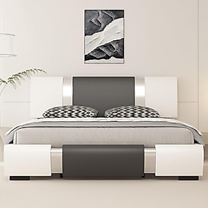 Benevika Modern Low Bed Frame with LED Lights,Faux Leather Full Size Platform Bed with Headboard, Strong Wooden Slats Support, No Box Spring Needed, White & Black