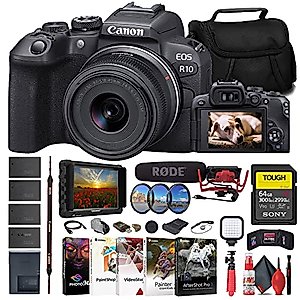 Canon EOS R10 Mirrorless Camera with 18-45mm Lens (5331C009) + 4K Monitor + Rode VideoMic + Sony 64GB Tough SD Card + Filter Kit + Bag + 3 x LPE17 Battery + Card Reader + LED Light + More (Renewed)