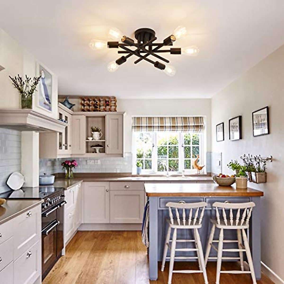 ASGYISA Semi Flush Mount Modern Ceiling Light Fixture， 6 Lights Black Vintage Matte Sputnik Chandelier Ceiling Lamp with E26 Bulb Base for Farmhouse Dining Room Living Room Bedroom Study Kitchen