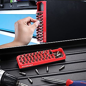 WORKPRO Magnetic Hex Bit Organizer, 39 Hole Screwdriver Drill Bit Holder Tray with Strong Magnetic Base, Accessories Storage Grid, for 1/4 Inch Hex Bit & Drive Bit Adapter, Red (Bits Not Included)