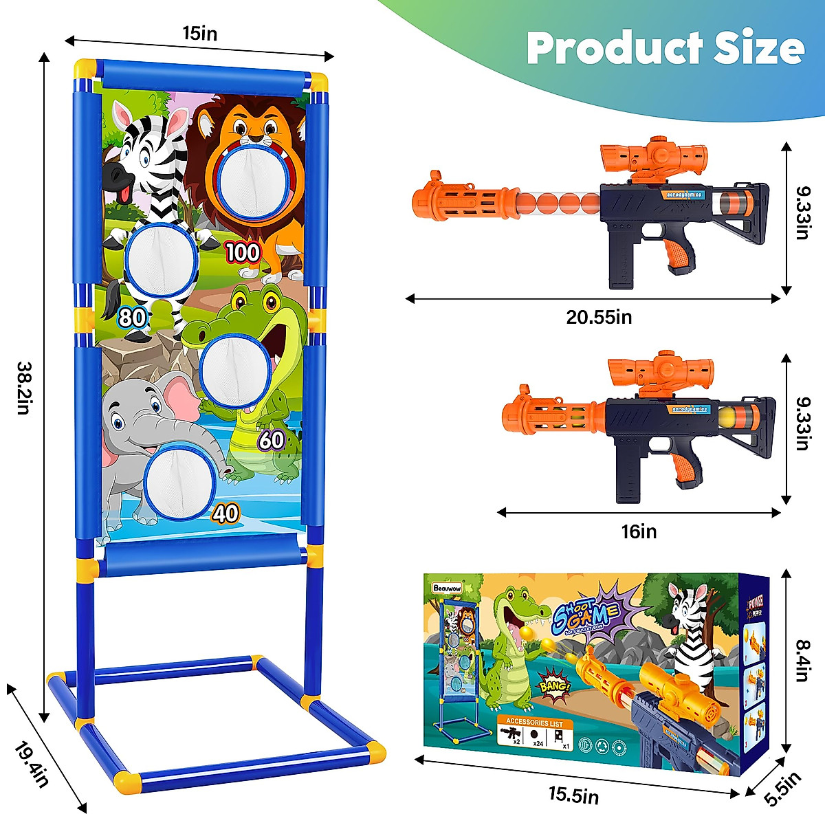 Shooting Game Toy for 5 6 7 8 9 10+ Years Old Boys Girls, 2pk Foam Popper Air Guns with Animal Shooting Target and 24 Foam Balls Bullet,Indoor Outdoor Activity Games, Birthday Easter Gifts for Kids